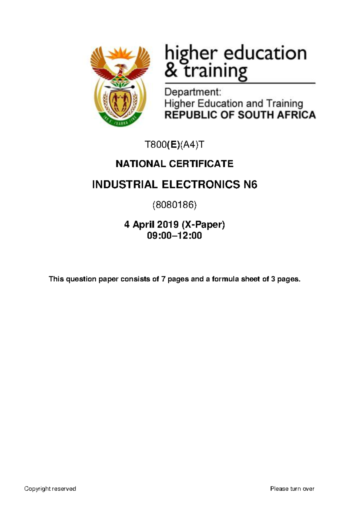 N6 Industrial Electronics April 2019 Exam Paper (100 Marks) - Studocu