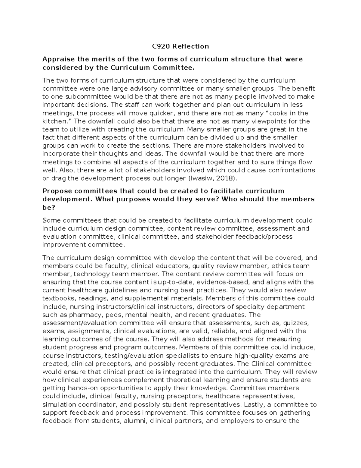 C920 Reflection on Curriculum Structure: Committees & Development Strategies - Studocu