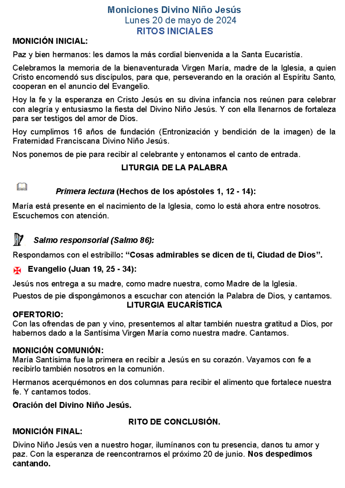 Moniciones para la Eucaristía del Divino Niño - 20 de Mayo 2024 - Studocu
