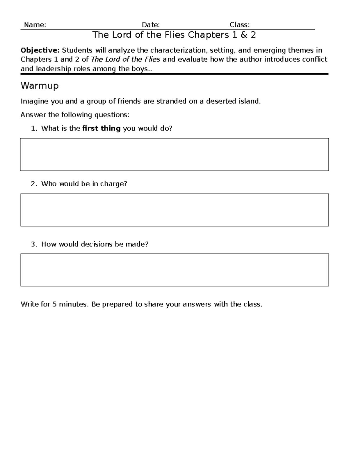 The Lord of the Flies Chapters 1 & 2 Analysis Lesson 2 Worksheet - Studocu
