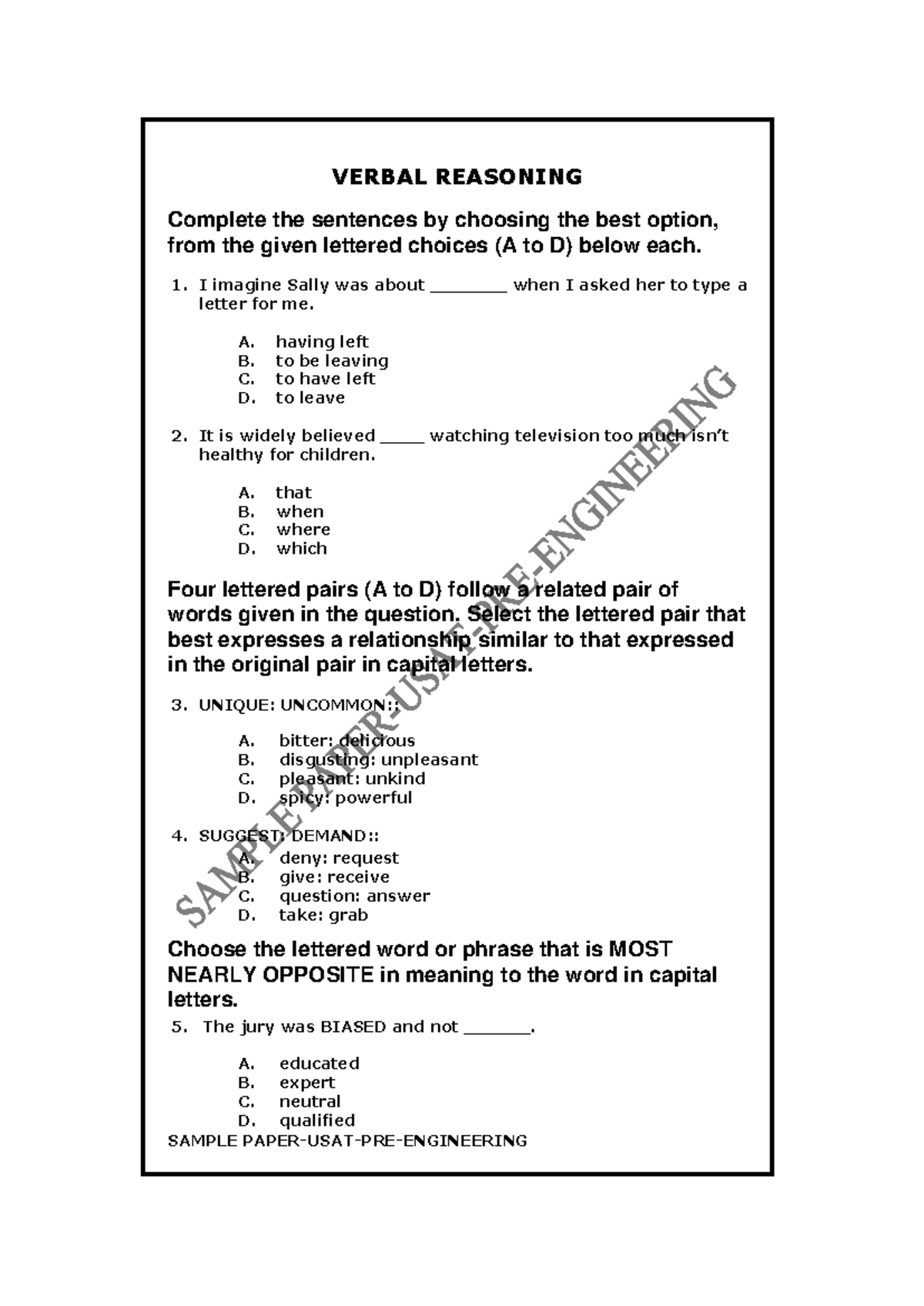 Sample Paper for USAT-PRE Engineering: Verbal, Quantitative, Physics ...