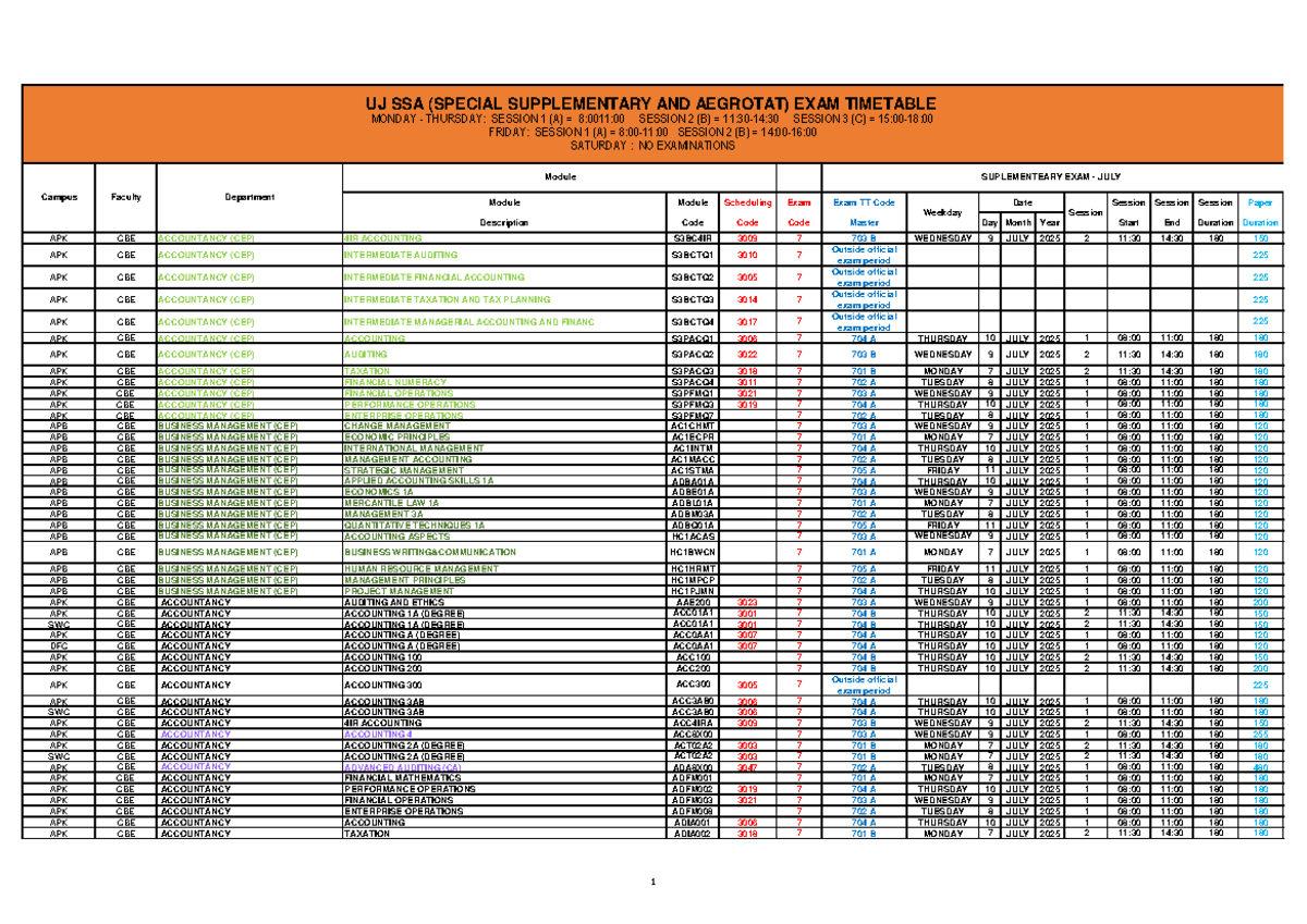 UJ SSA Supplementary Exam Timetable - July 2025 - Studocu