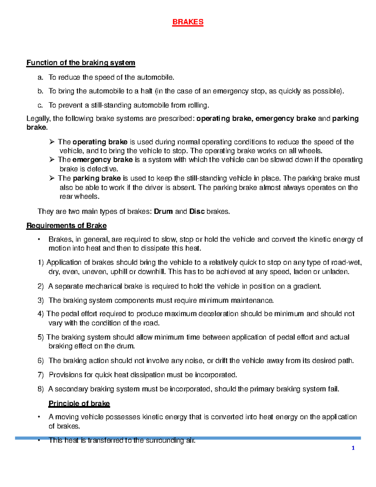 Automotive Engineering T5: Brake System Comprehensive Notes - Studocu
