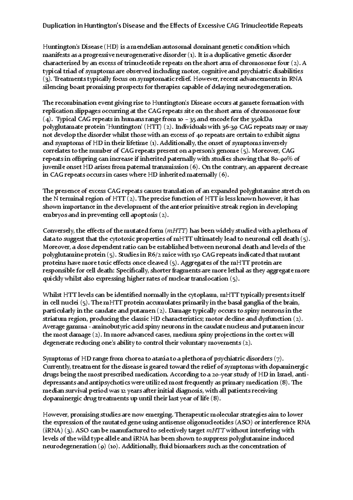 Duplication in Huntington’s Disease and the Effects of Excessive CAG ...