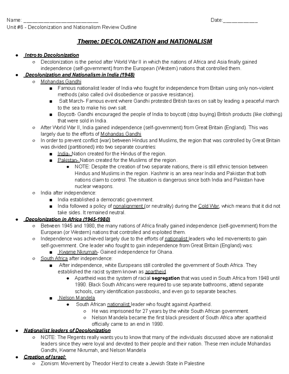 Unit #6 Review Sheet: Decolonization & Nationalism (2024 - Global 10H ...