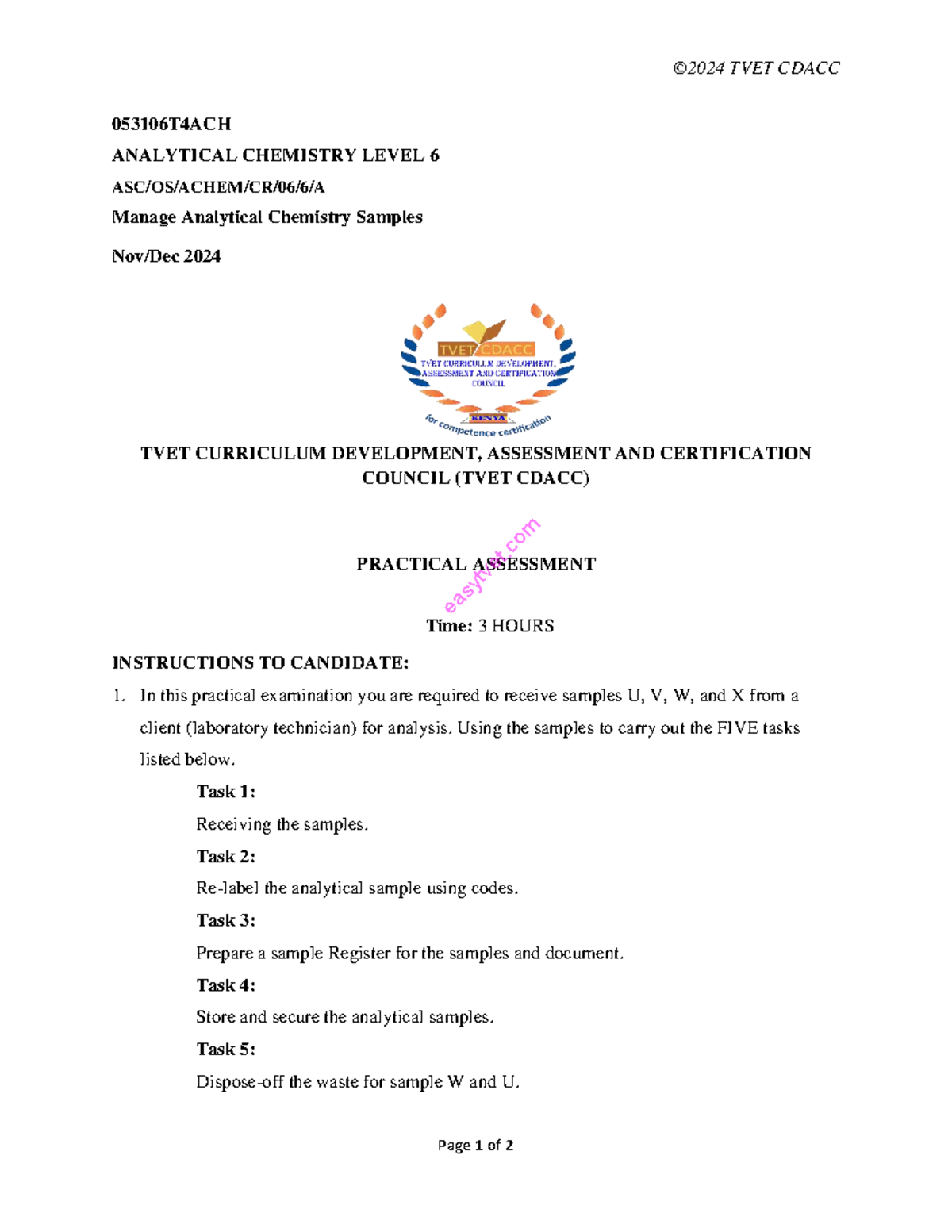 TVET CDACC 053106T4ACH Level 6 Analytical Chemistry Practical Guide ...