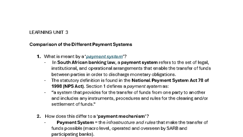 Learning Unit 3: Comparison of Payment Systems in South Africa - Studocu