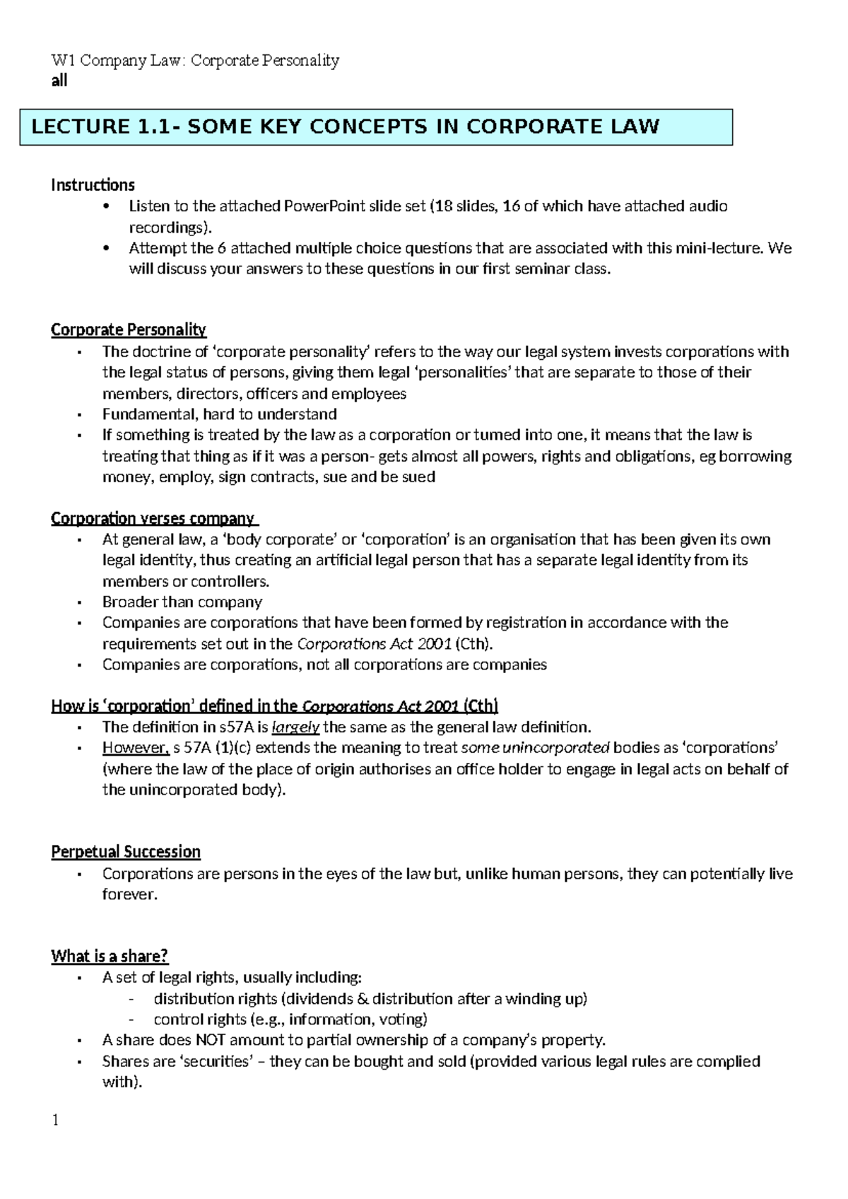 W1 Company Law: Key Concepts of Corporate Personality LECTURE Notes ...