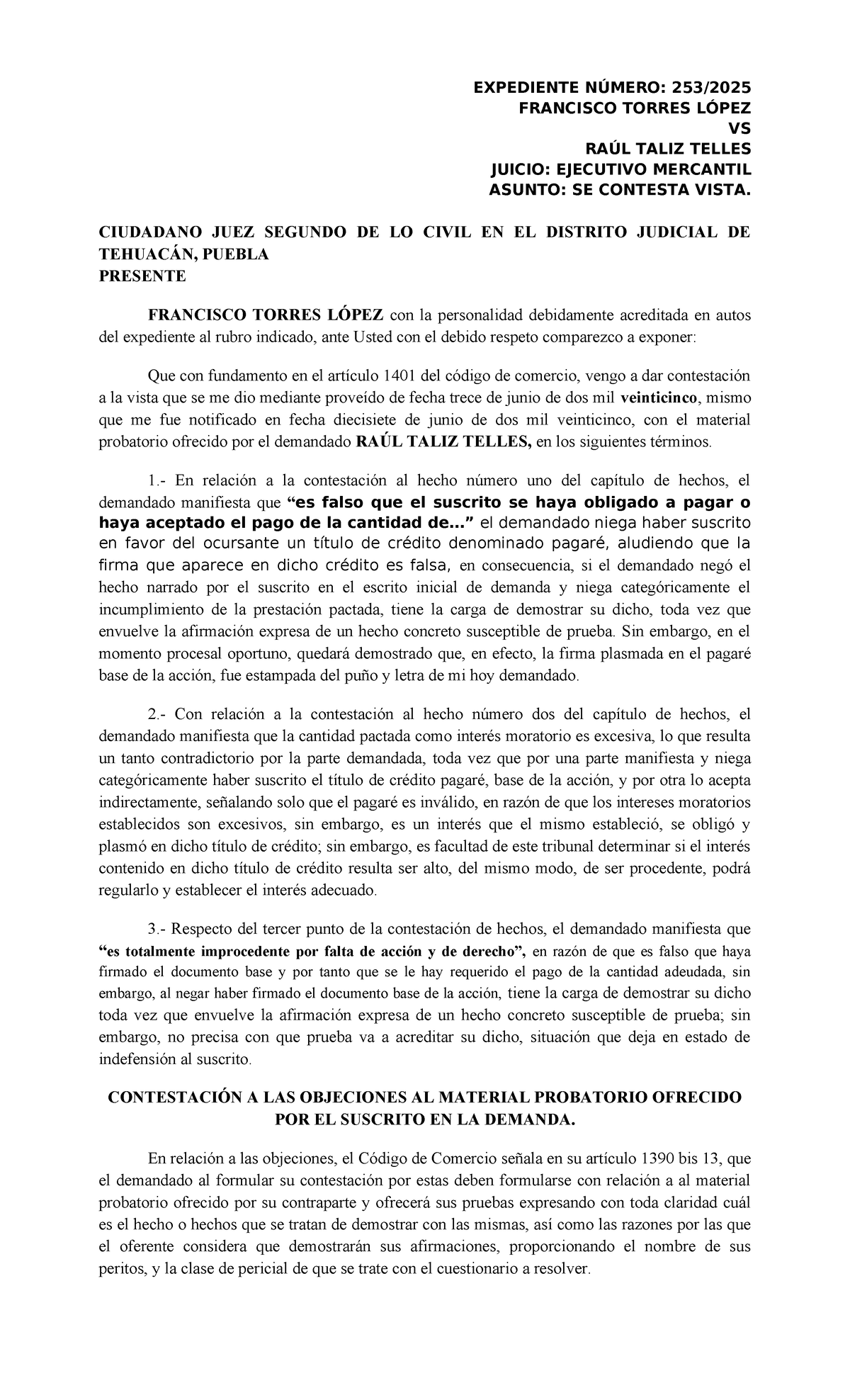 Contestación A La Vista En Juicio Ejecutivo Mercantil Francisco Torres
