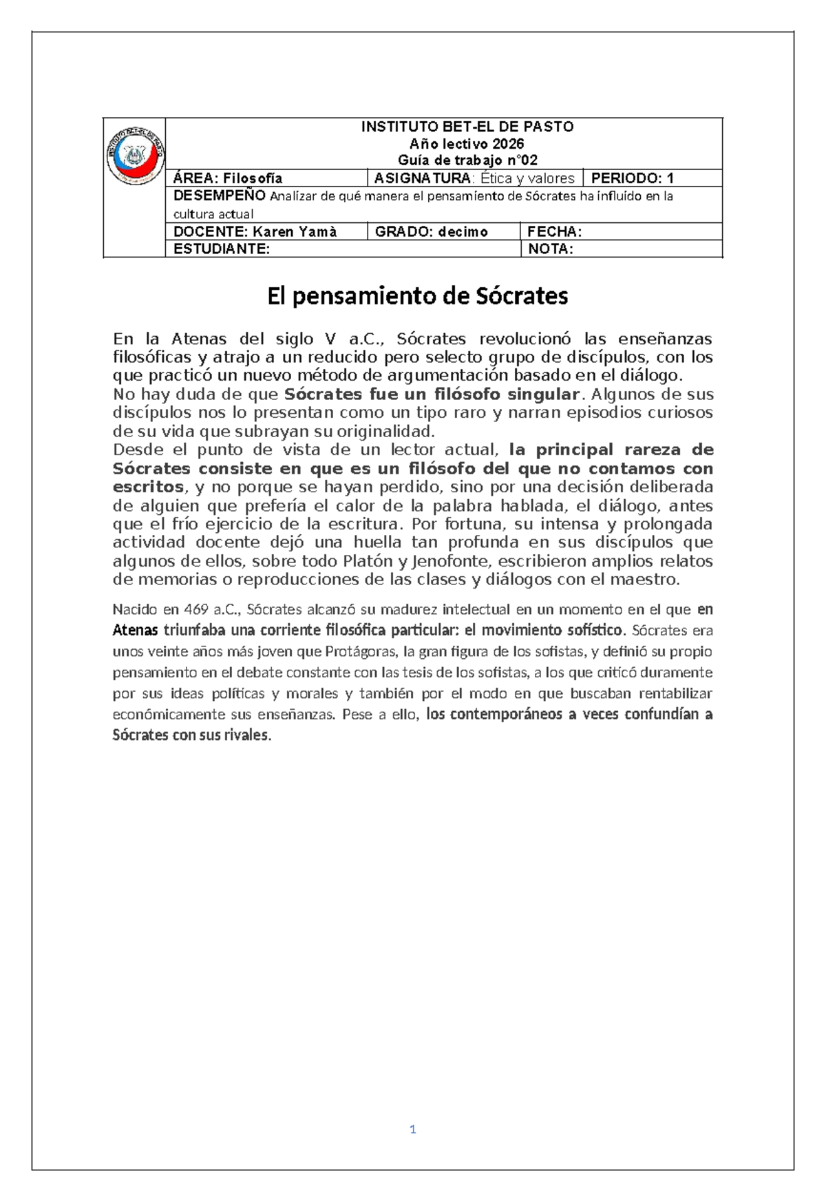 Guía de Trabajo: Influencia de Sócrates en la Ética y Valores ...