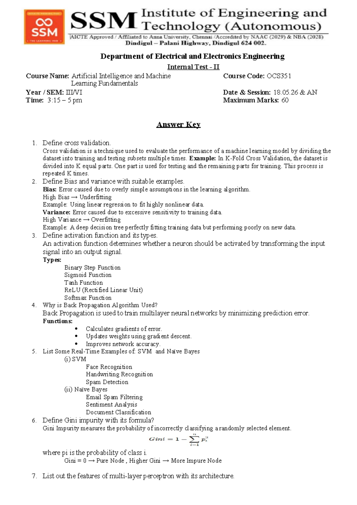 AIML OCS351 Internal Test II Answer Key and Explanations - Studocu