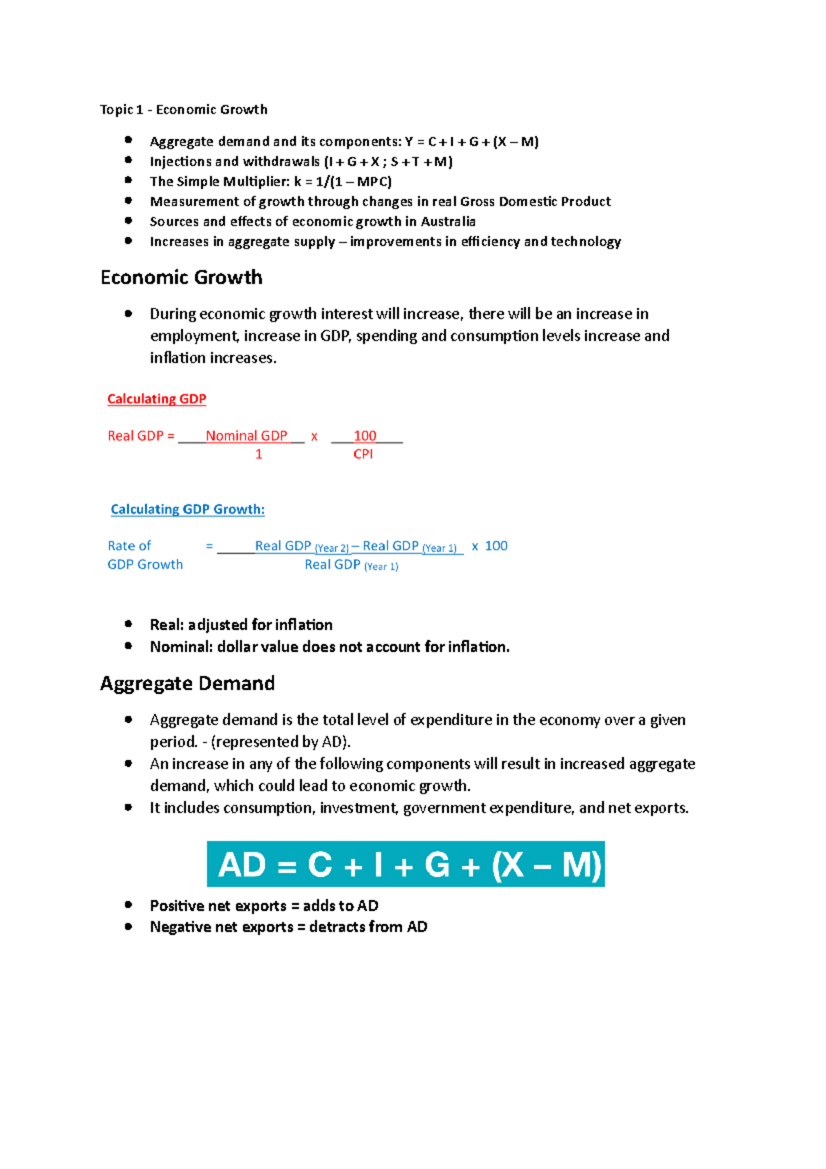 Economics HSC Notes - Topic 1 - Economic Growth Aggregate demand and ...