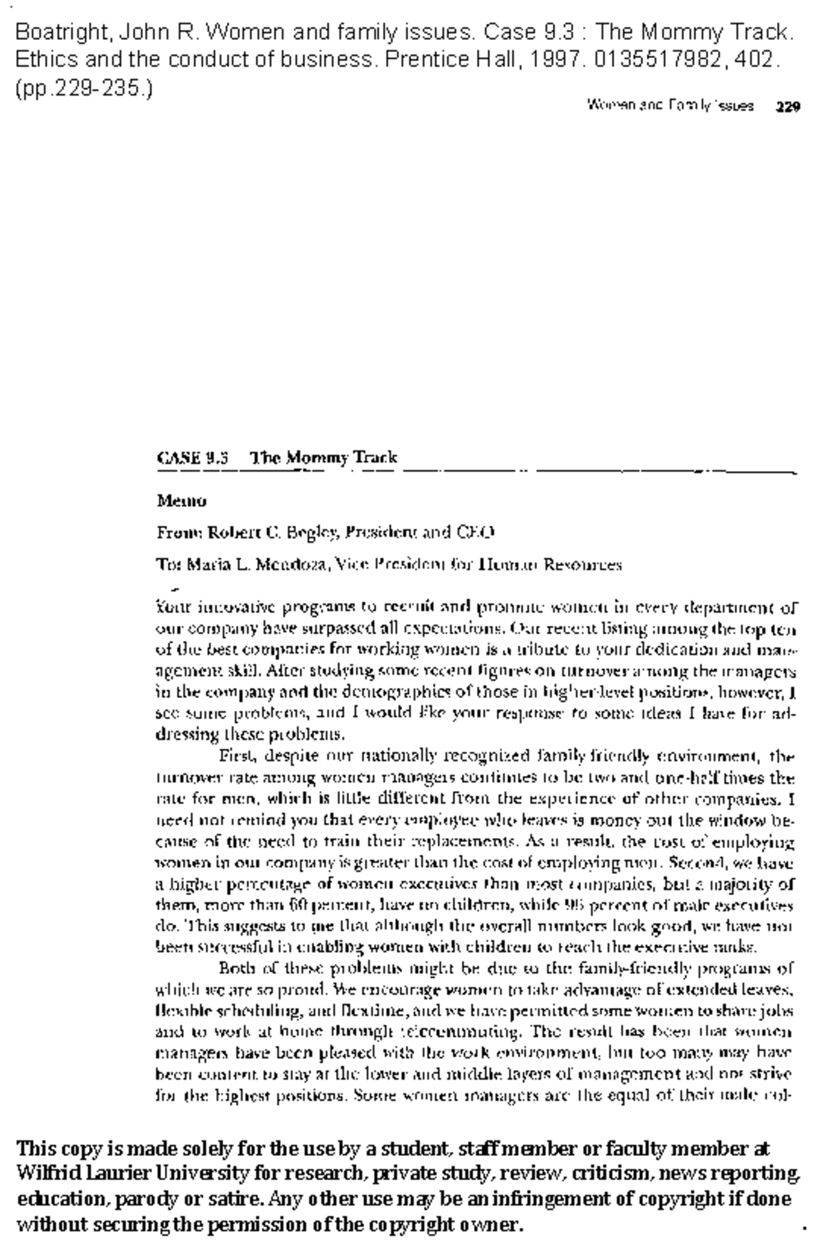 Women and Family Issues: Case Study 9.3 - The Mommy Track Analysis ...