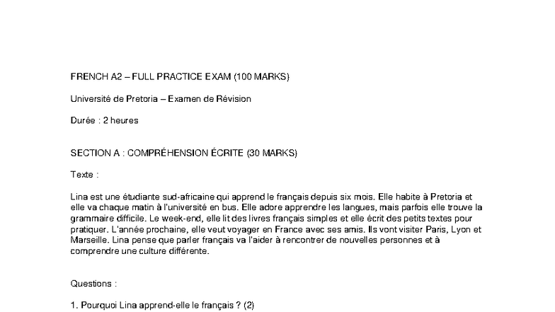 FRENCH A2 FINAL PRACTICE EXAM (100 MARKS) - Université de Pretoria ...