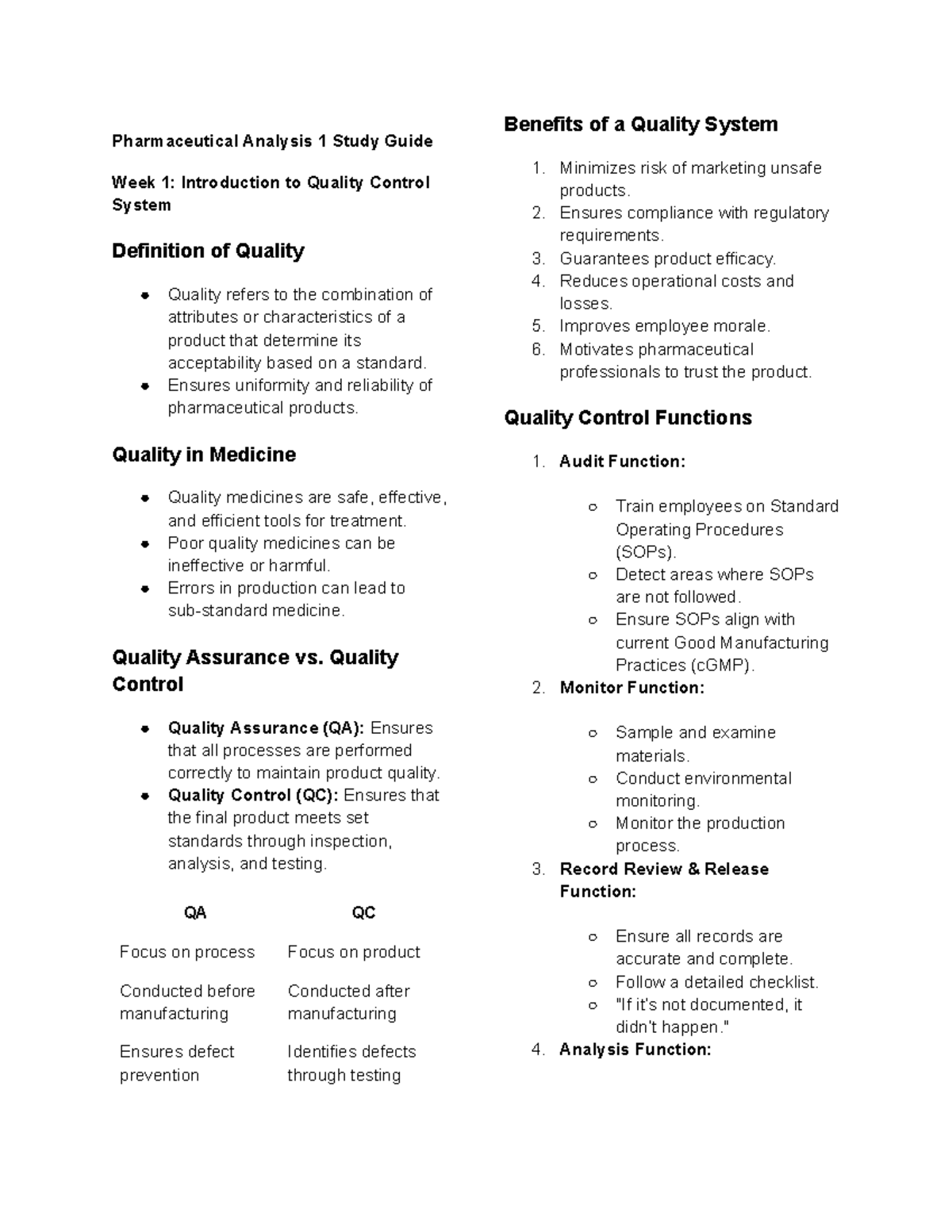 Pharmaceutical Analysis 1 Study Guide: Quality Control & Analytical Methods - Studocu