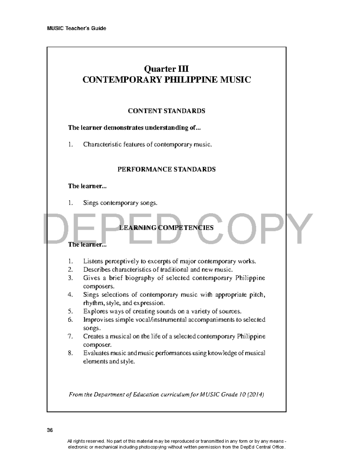 Music Grade 10 Quarter 3 Guide - DEPED COPY MUSIC Teacher’s Guide 36 ...