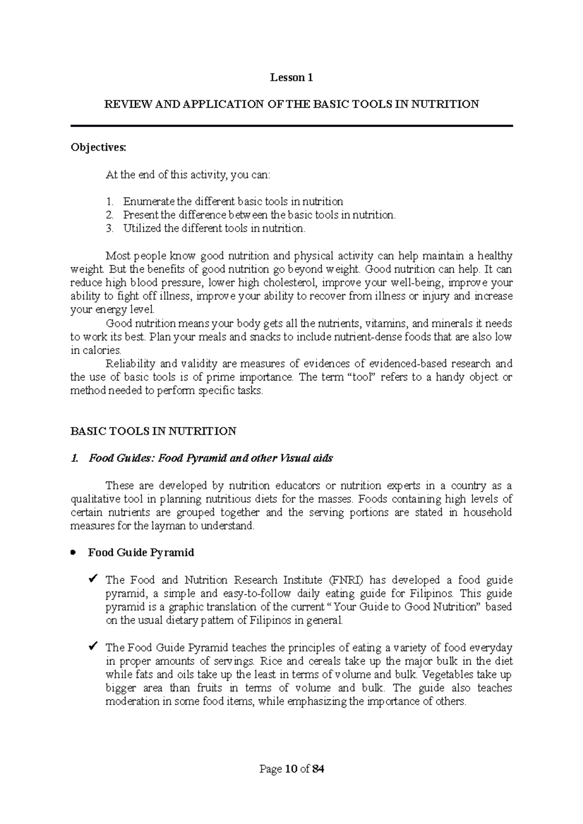 Basic Tools in Nutrition: Review and Application - Lesson 1 - Studocu