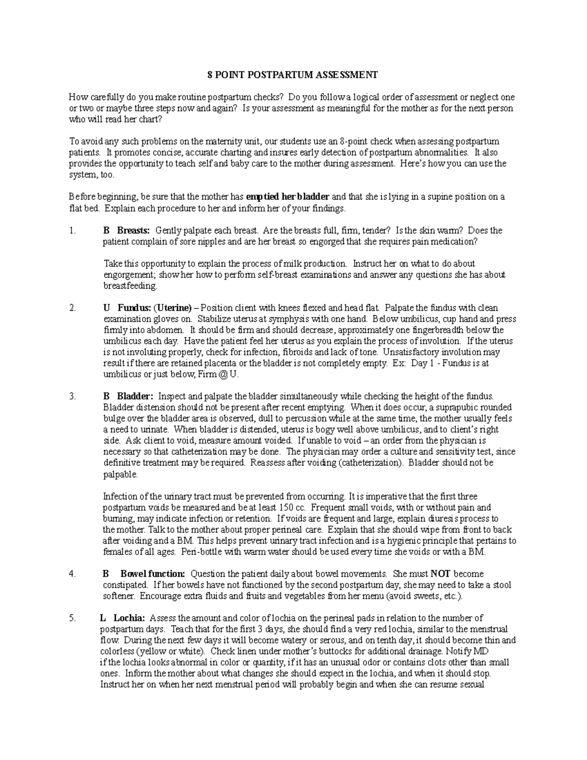 Bubble-EE Postpartum Assessment: 8-Point Checklist for Care - Studocu