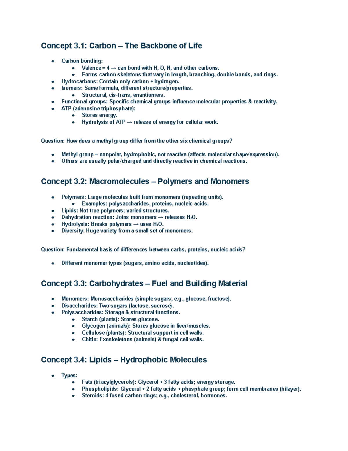 Biology 101: Overview of Carbon, Macromolecules, and Proteins - Studocu