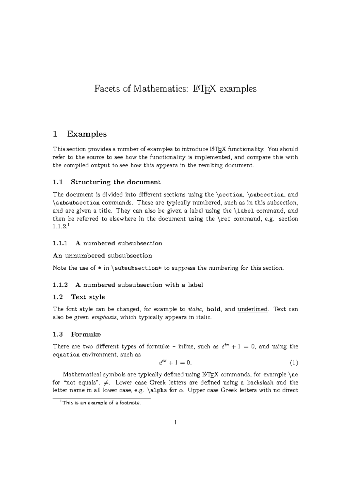 Latex worksheet solutions - Facets of Mathematics: LATEX examples 1 ...