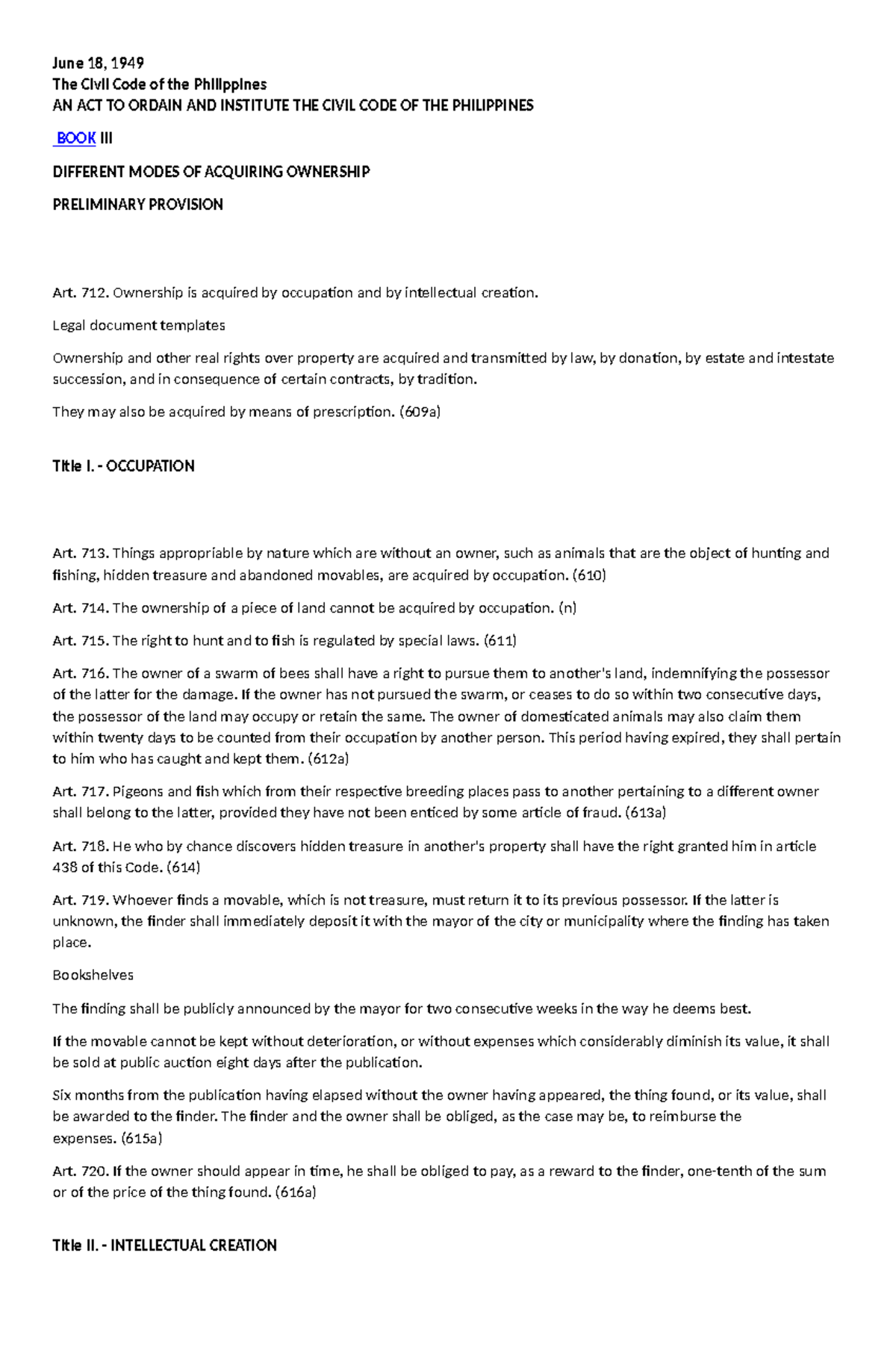 RA 386: Civil Code of the Philippines - Modes of Acquiring Ownership ...