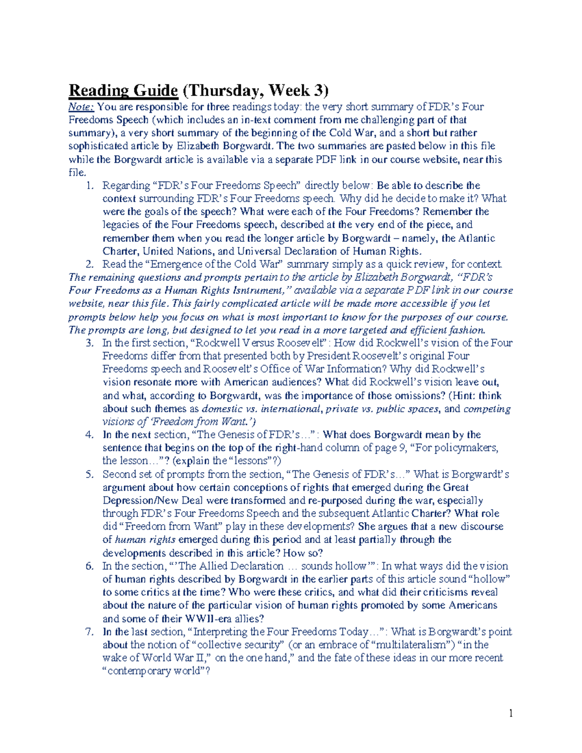 FDR's Four Freedoms & Cold War Emergence: Week 3 Reading Guide - Studocu