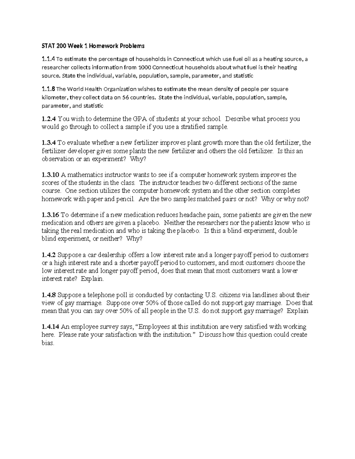 Stat 200 Week 1 Homework Problems And Statistical Concepts Studocu