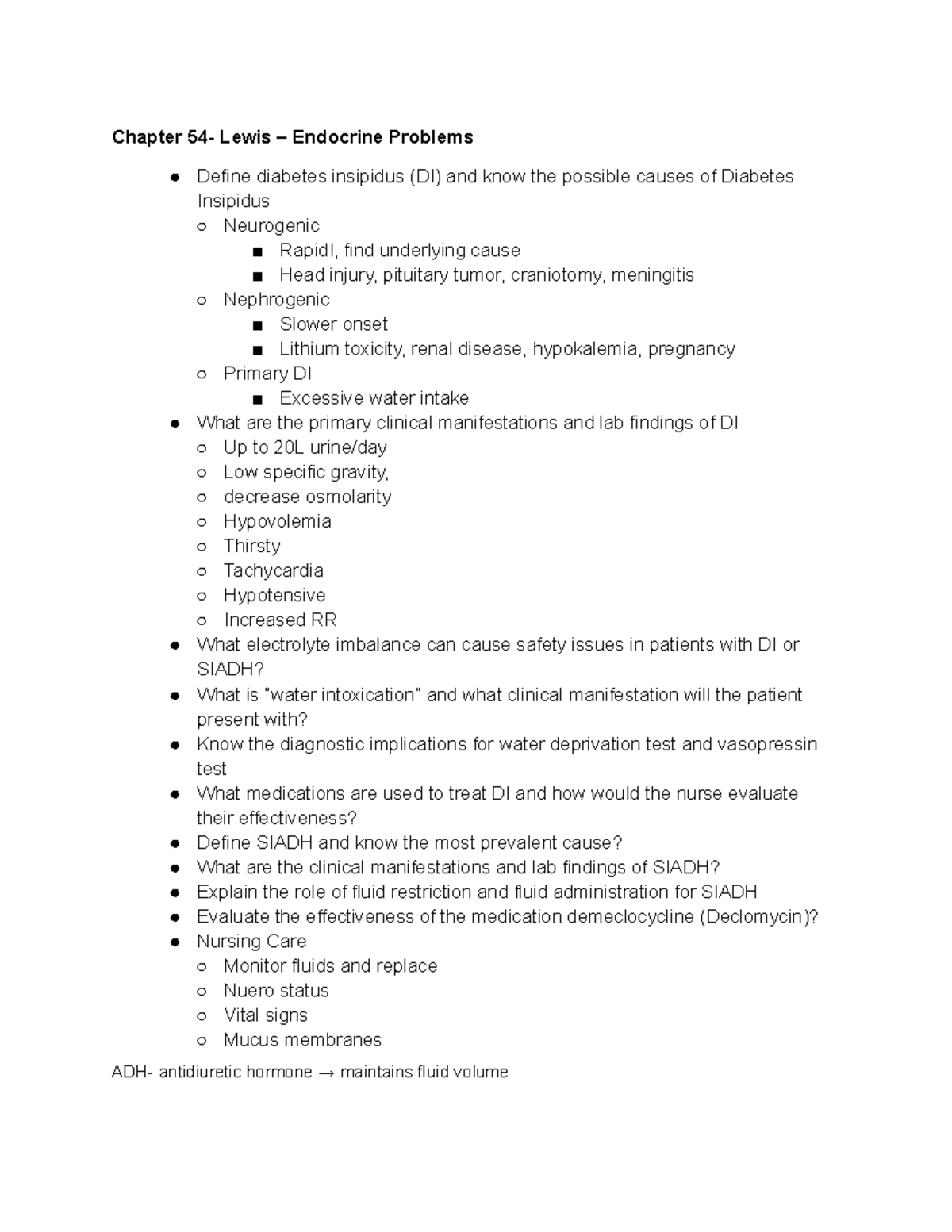Med Surg Exam 4 - Lecture Notes for DI and SIADH - Chapter 54- Lewis ...
