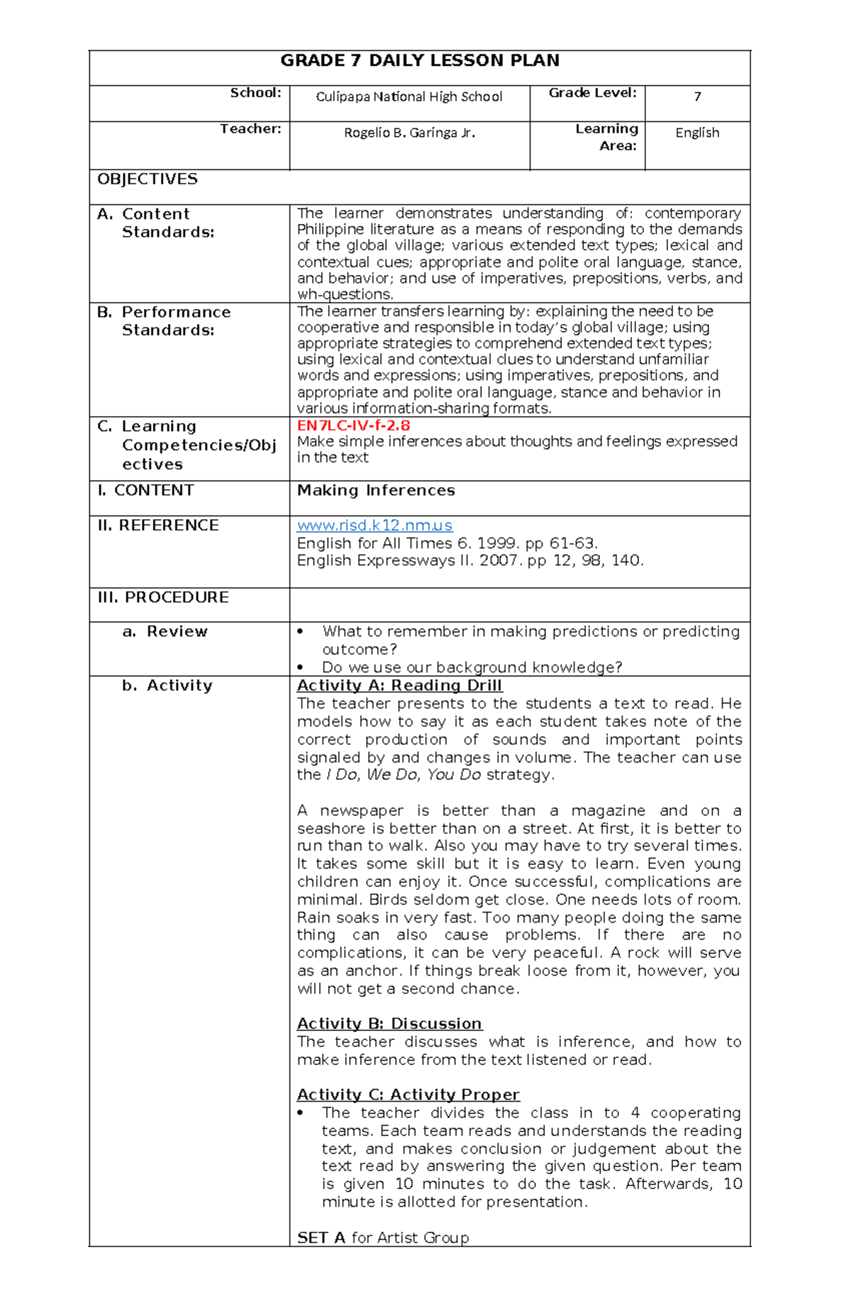 Making Inferences Lesson Plan for Grade 7 English (012319) - Studocu