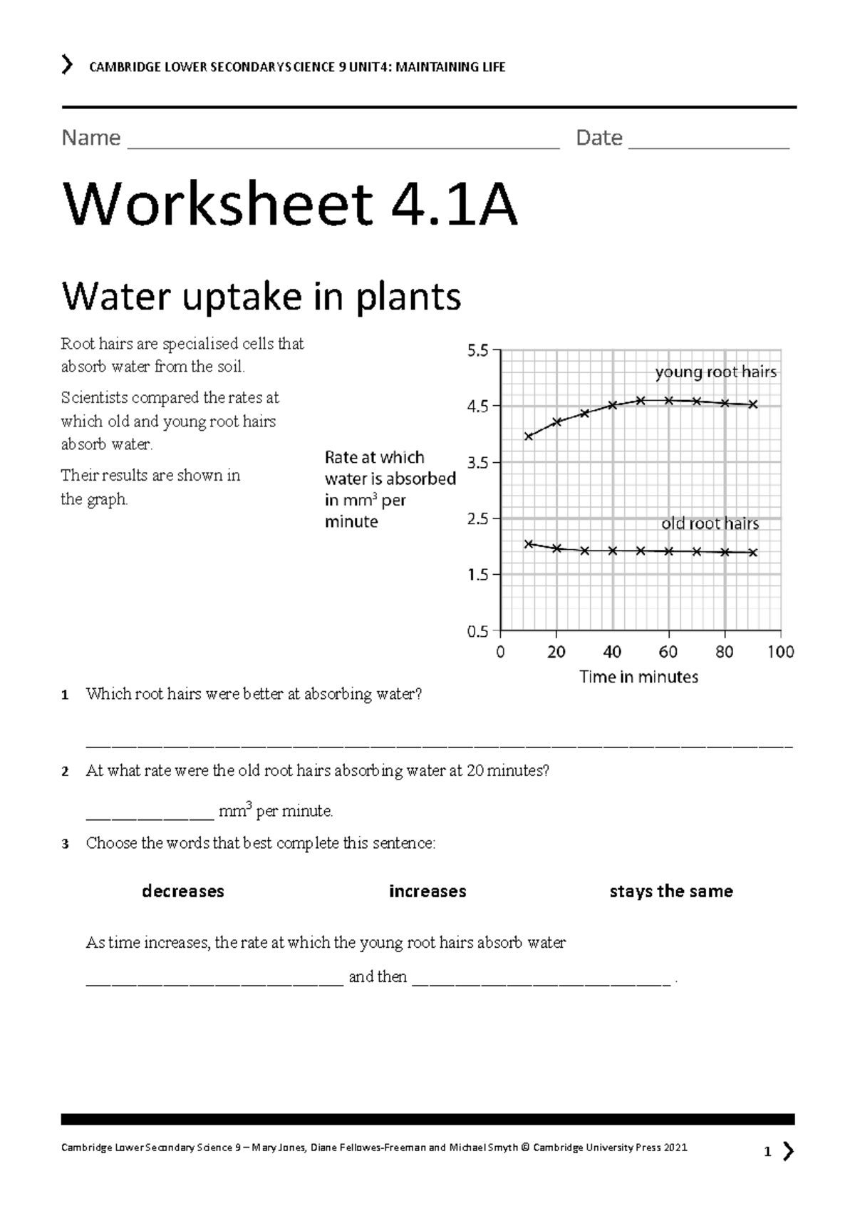 CAMBRIDGE LOWER SECONDARY SCIENCE 9 UNIT 4: WATER UPTAKE WORKSHEETS ...