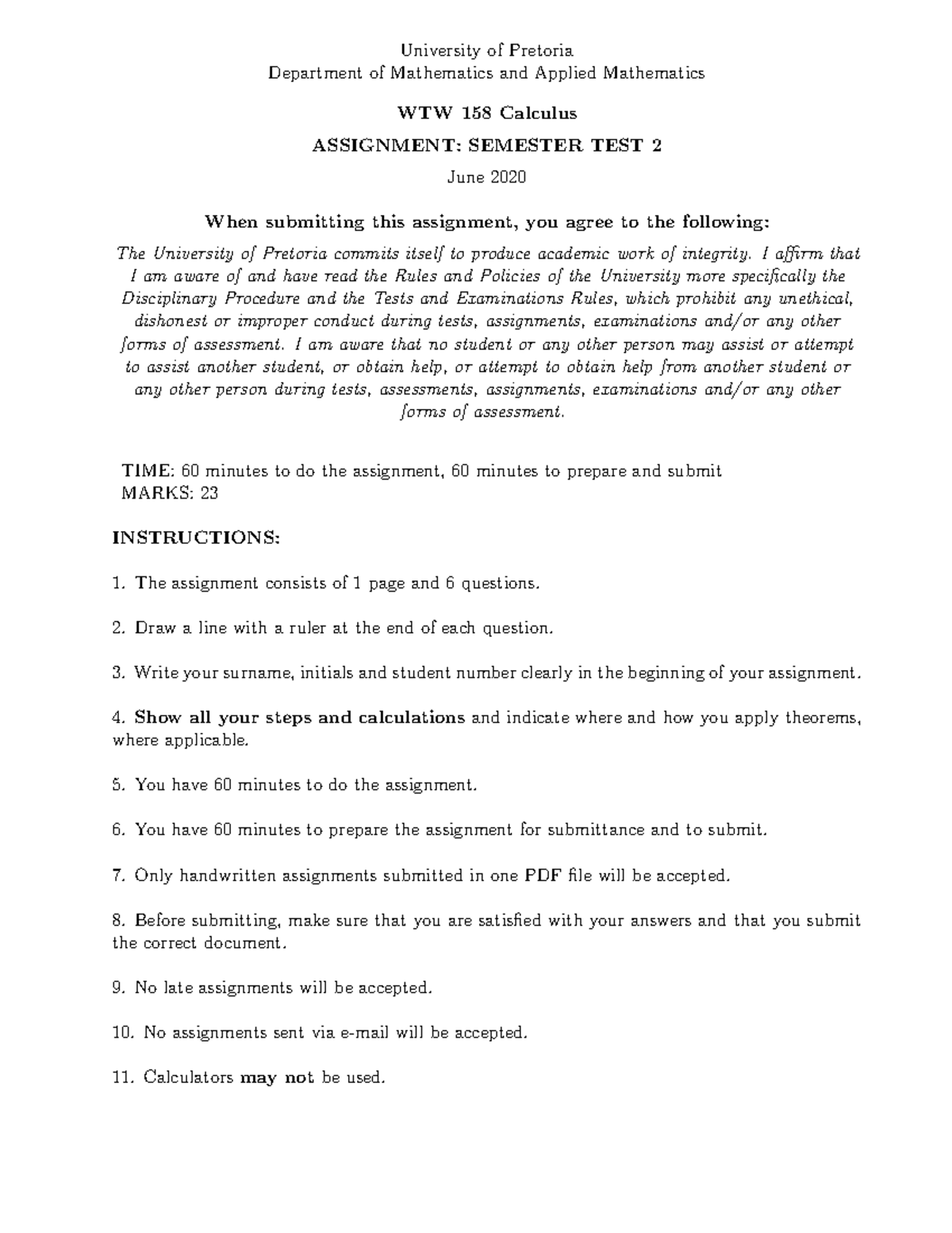 WTW158-Assignment as semester test - University of Pretoria Department ...