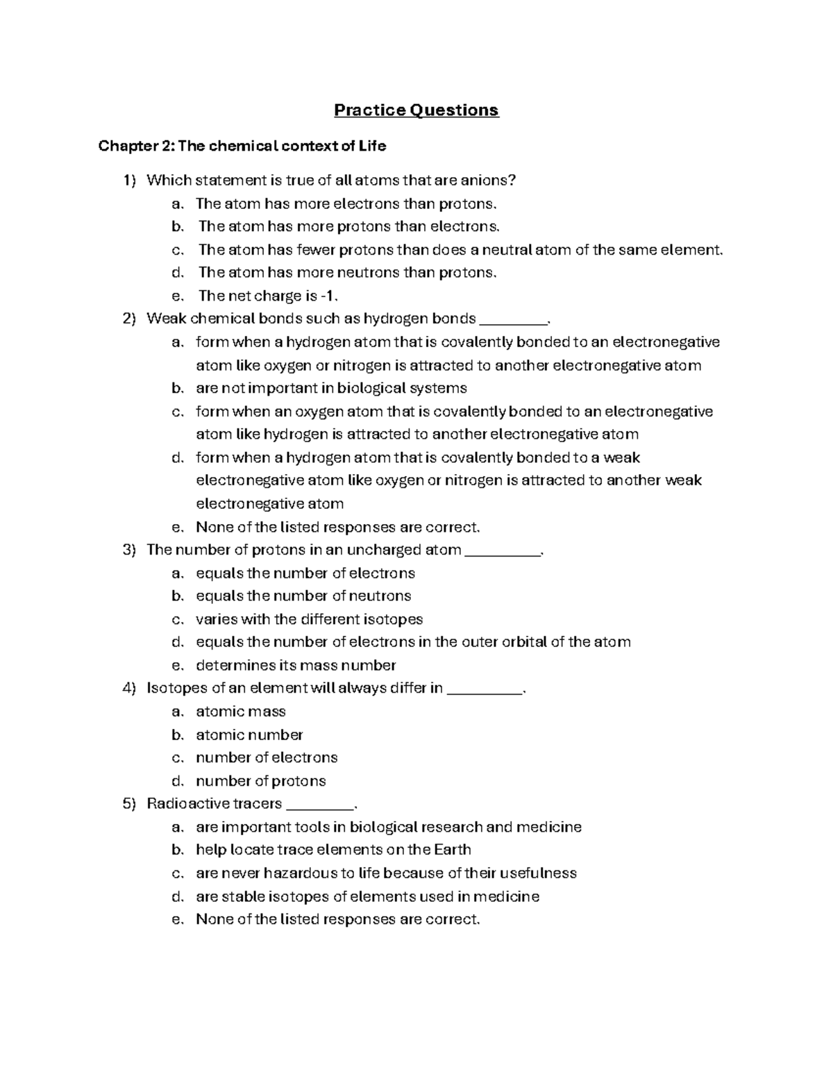 Bio 100 - Practice Questions: Chapters 2-7 Overview for Fall 2025 - Studocu