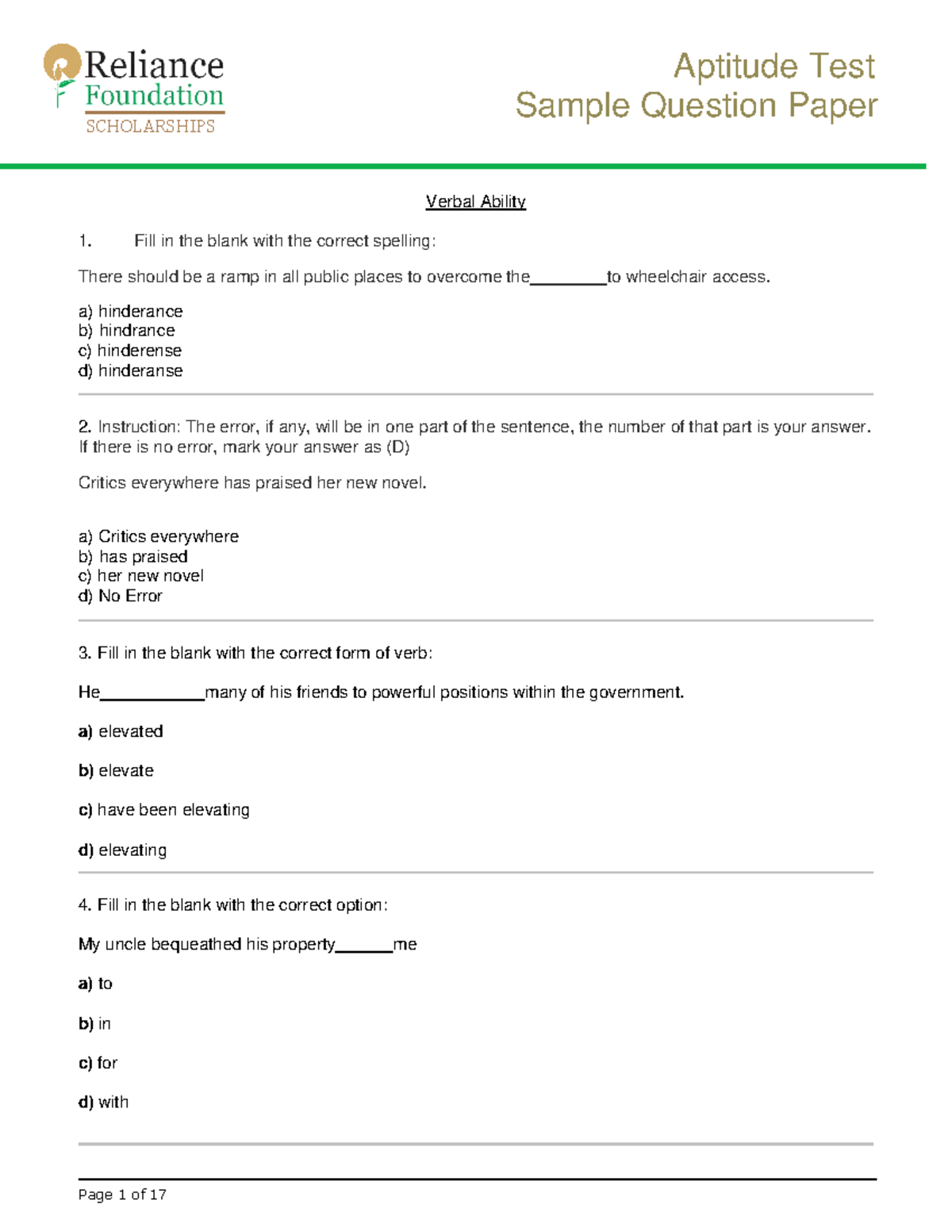 Sample Paper for Reliance Foundation UG Scholarship - Aptitude Test ...