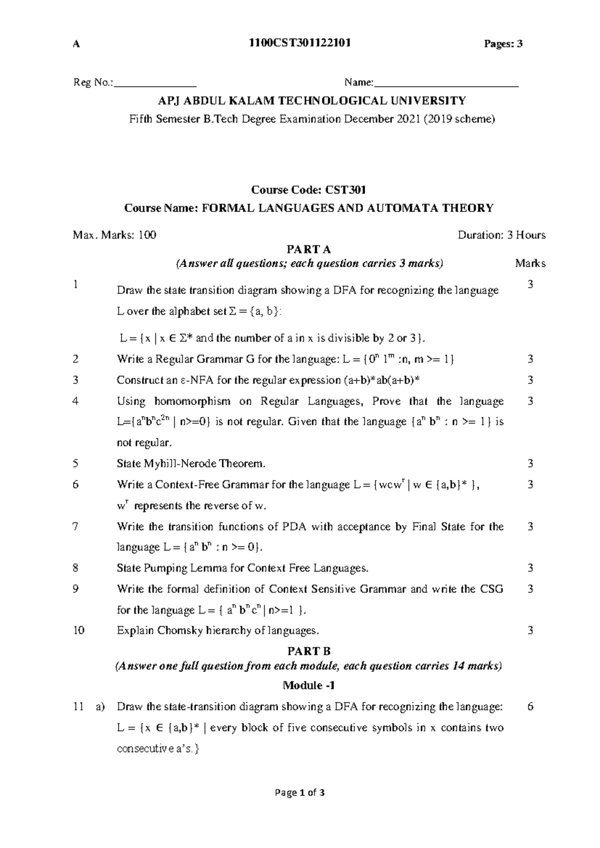 CST301-QP flat - 1100CST Page 1 of 3 Course Code: CST Course Name: FORMAL LANGUAGES AND AUTOMATA ...