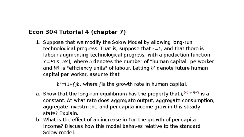 Econ 304 Tutorial 4: Modifying the Solow Model with Tech Progress - Studocu