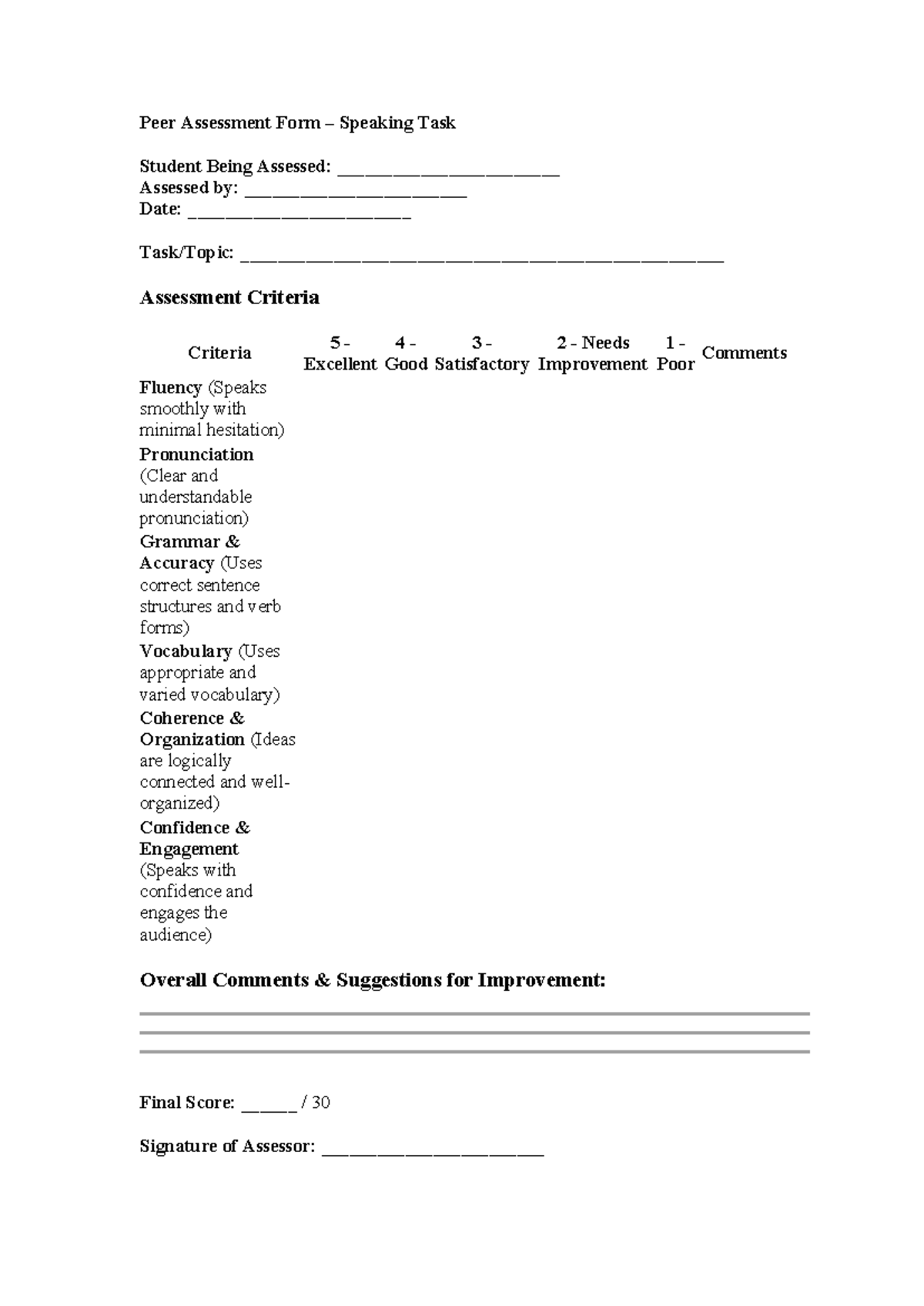 Peer Assessment Form – Speaking Task - Studocu