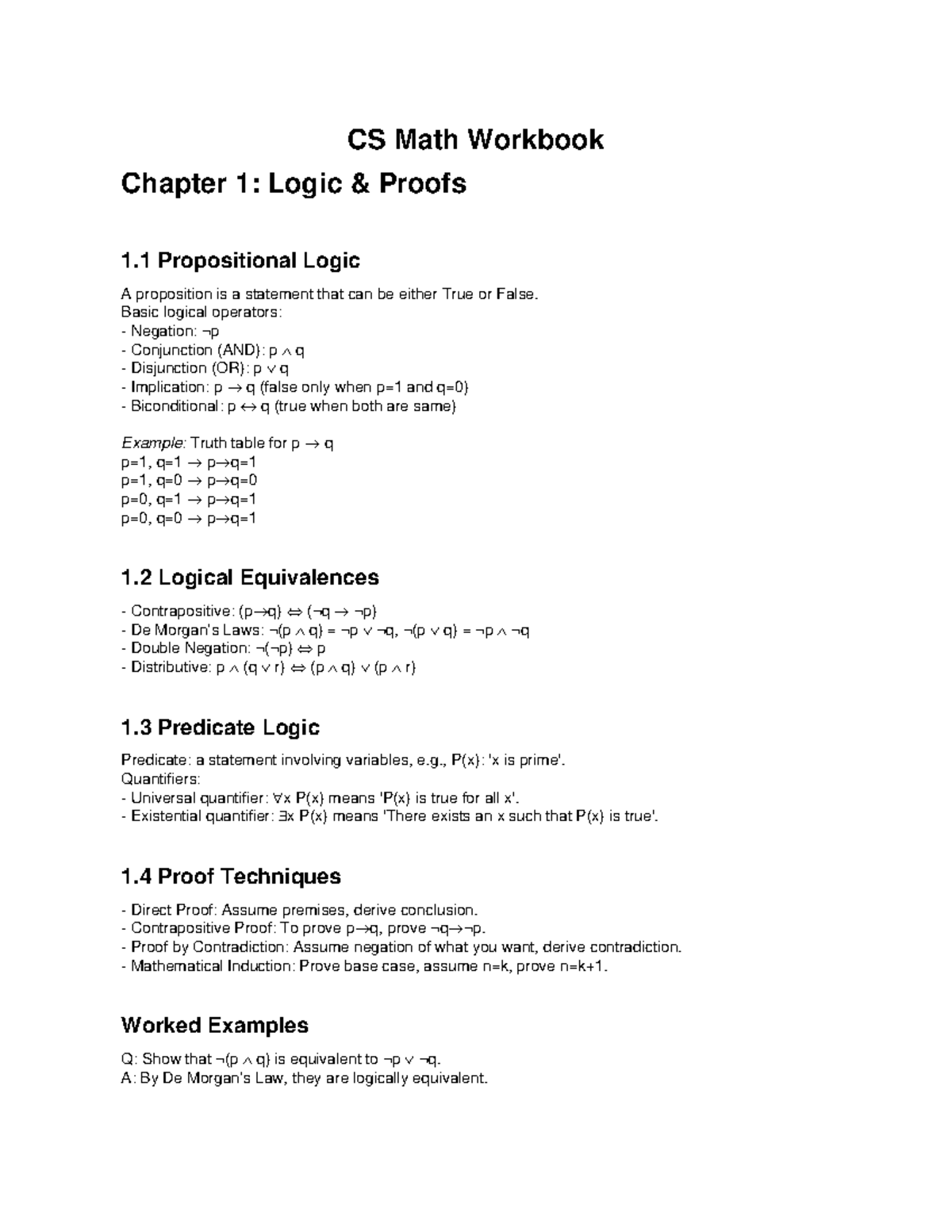 CS Math Workbook Chapter 1: Logic Proofs and Techniques - Studocu
