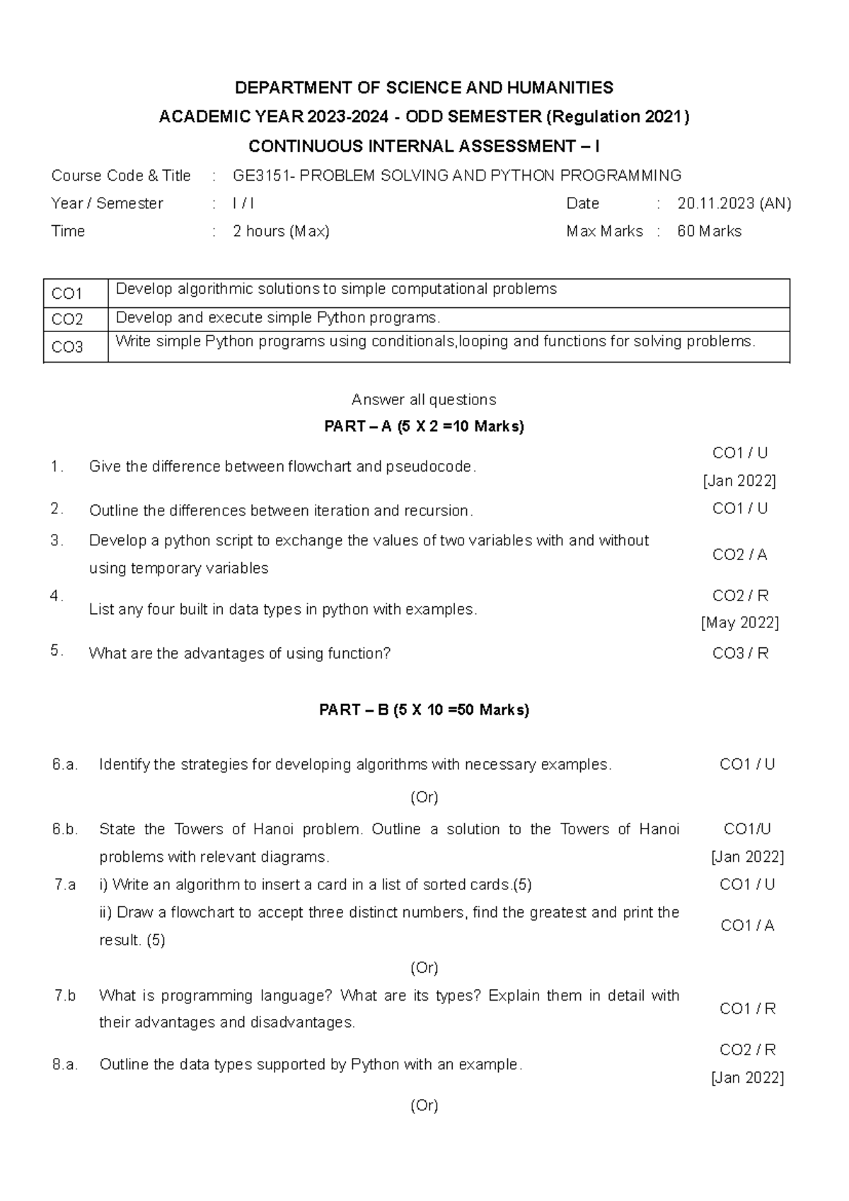 PSPP CIA 1 QP - Problem Solving & Python Programming Questions - Studocu