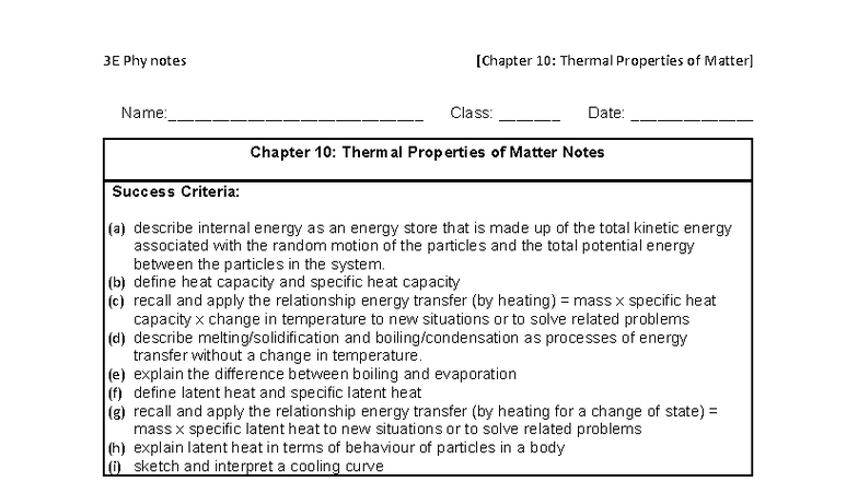 3E Phy Notes: Chapter 10 - Thermal Properties of Matter - Studocu