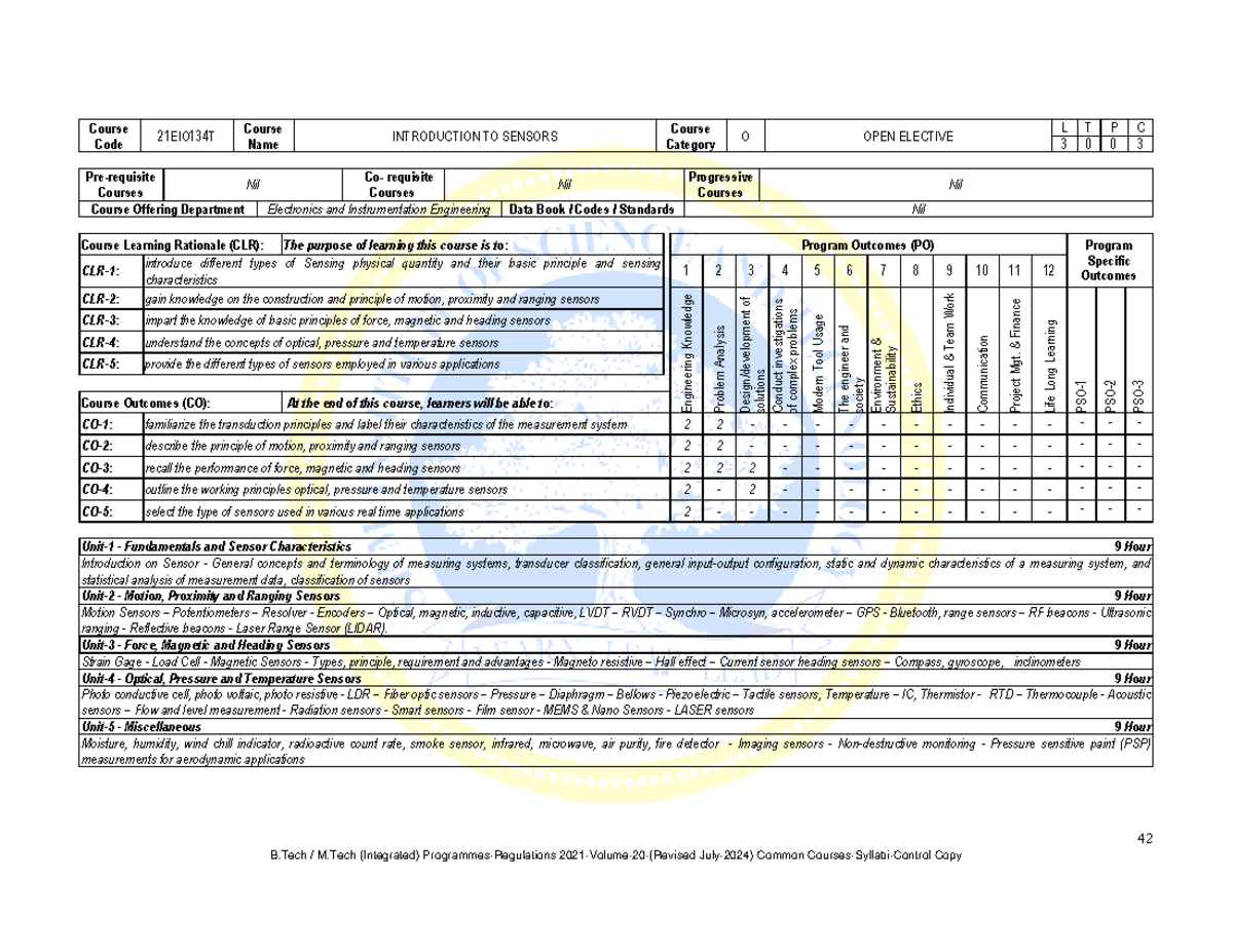 Introduction to Sensors Syllabus - 21EIO134T - Studocu