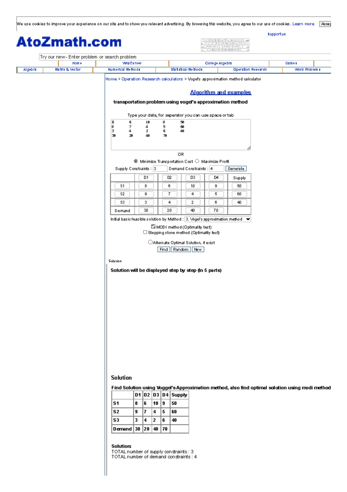 Transportation problem using vogel's approximation method calculator - We use cookies to improve ...