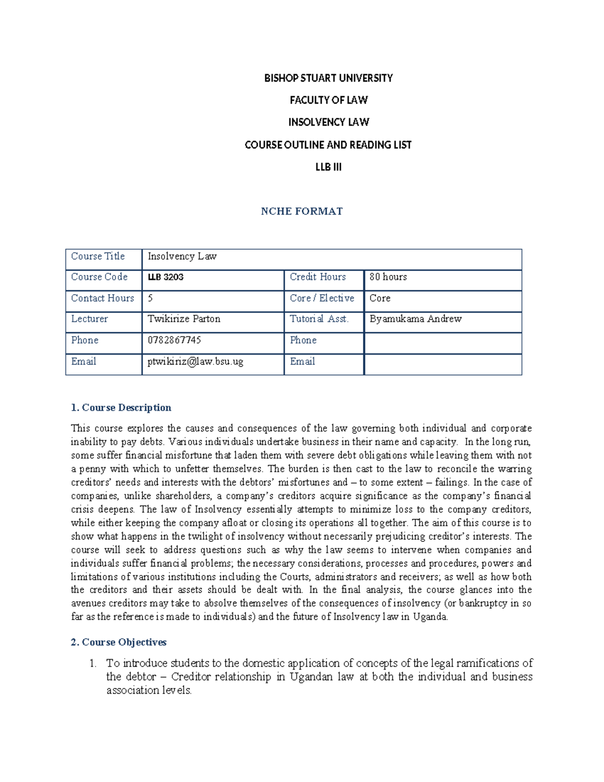 Insolvency Law Course Outline - LLB 3203 at Bishop Stuart University ...