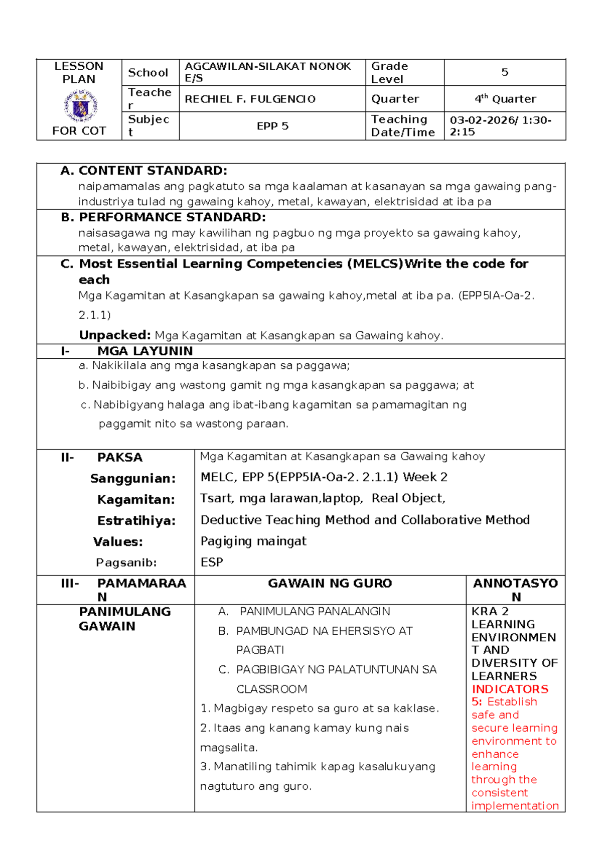 Lesson Plan for EPP 5 COT - 4th Quarter - Studocu