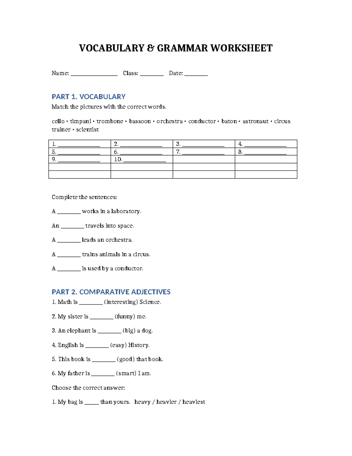 Vocabulary Grammar Worksheet A4: Matching & Comparatives - Studocu