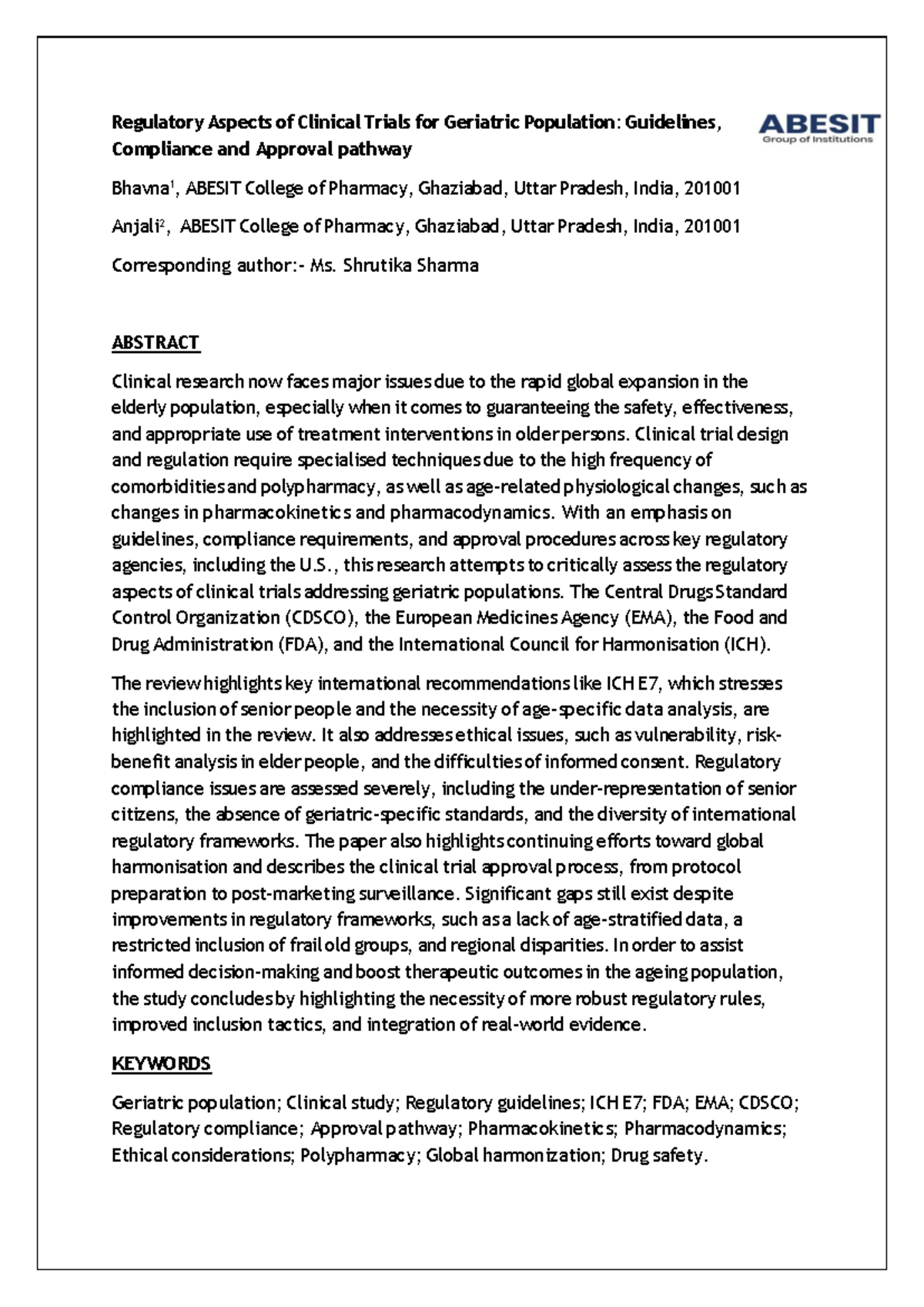 Regulatory Aspects of Geriatric Clinical Trials: Guidelines ...