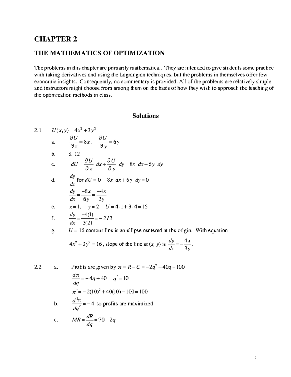 CHAPTER 2 & 3: MATHEMATICS OF OPTIMIZATION & UTILITY FUNCTIONS - Studocu