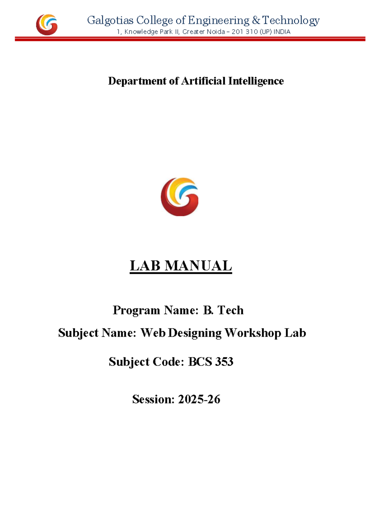 AI Web Designing Lab Manual (BCS 353) - Galgotias College - Studocu