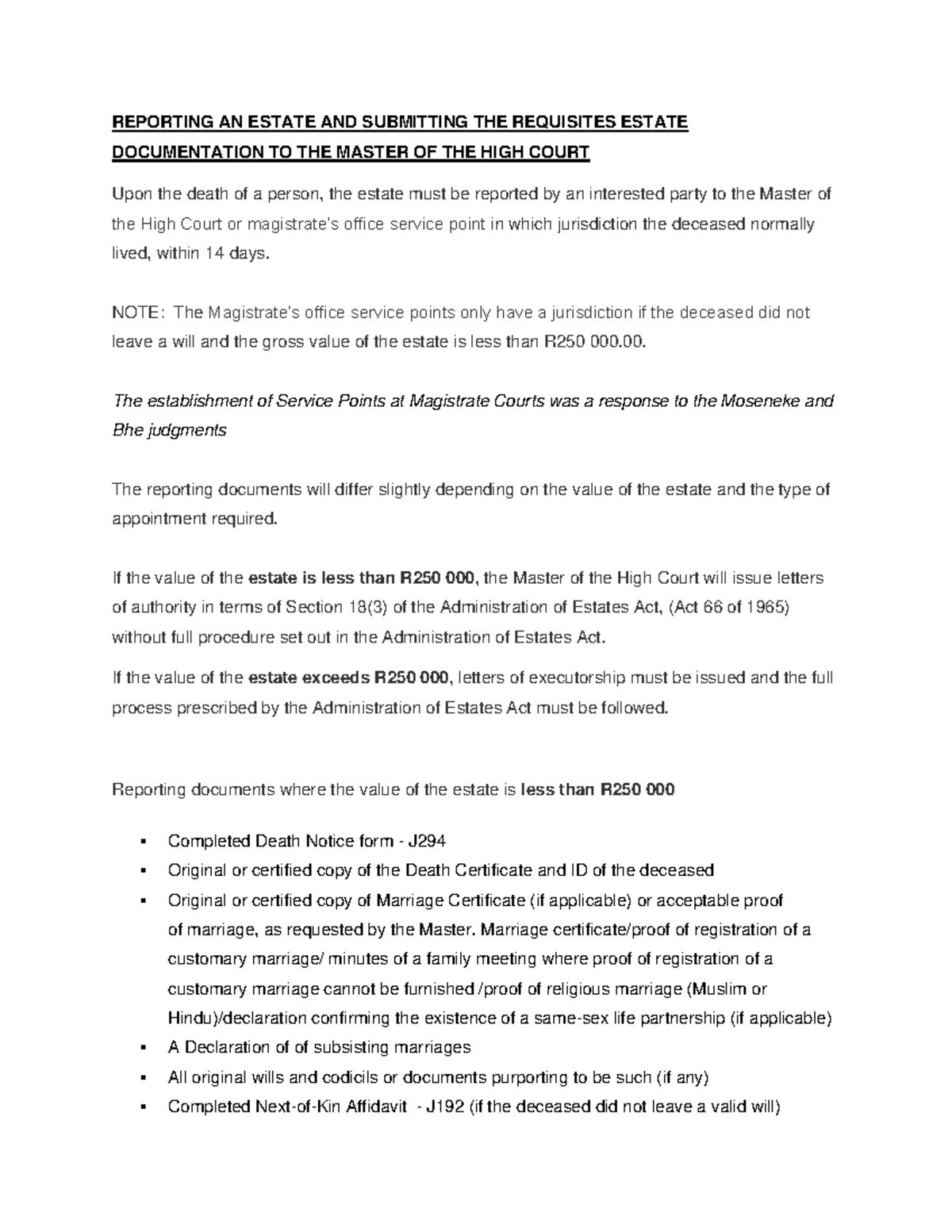WET - Reporting an Estate: Documentation for Master of High Court - Studocu