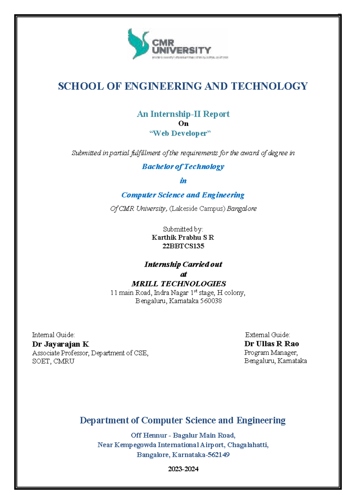 Internship Report on Web Development at MRILL Technologies - 22BBTCS135 ...