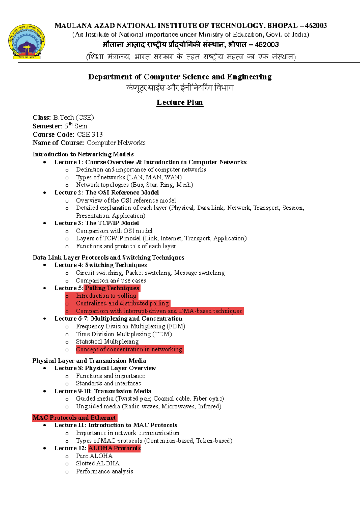 Lectureplan - it is - MAULANA AZAD NATIONAL INSTITUTE OF TECHNOLOGY ...